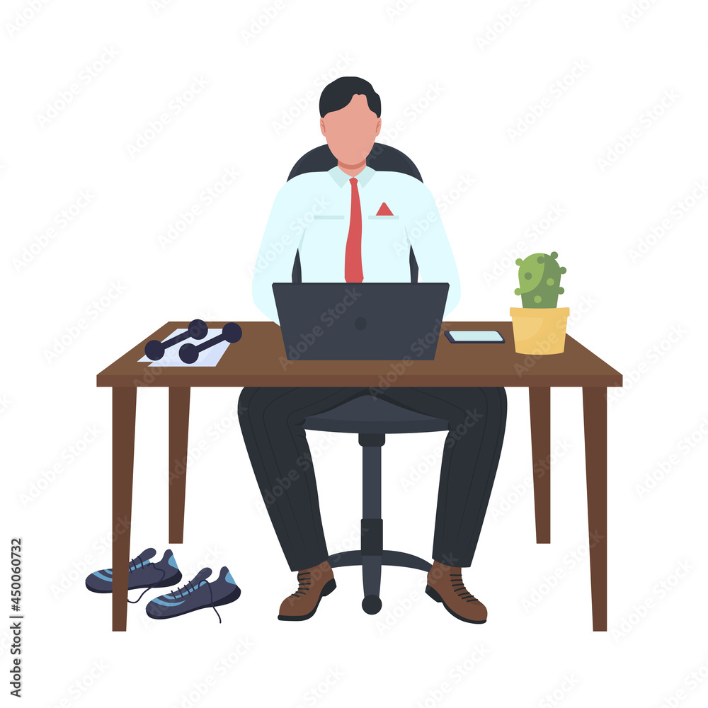 Desk-based employee with dumbbells semi flat color vector character ...