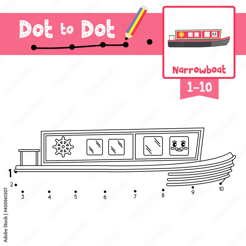 Dot to dot educational game and Coloring book Narrowboat cartoon ...