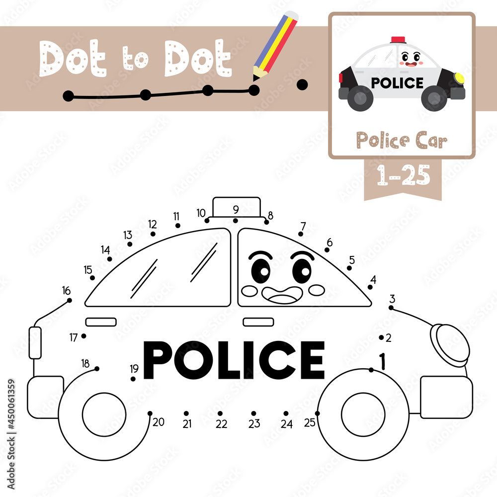 Dot to dot educational game and Coloring book Police Car cartoon ...