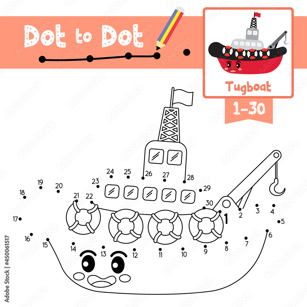 Dot to dot educational game and Coloring book Tugboat cartoon character ...