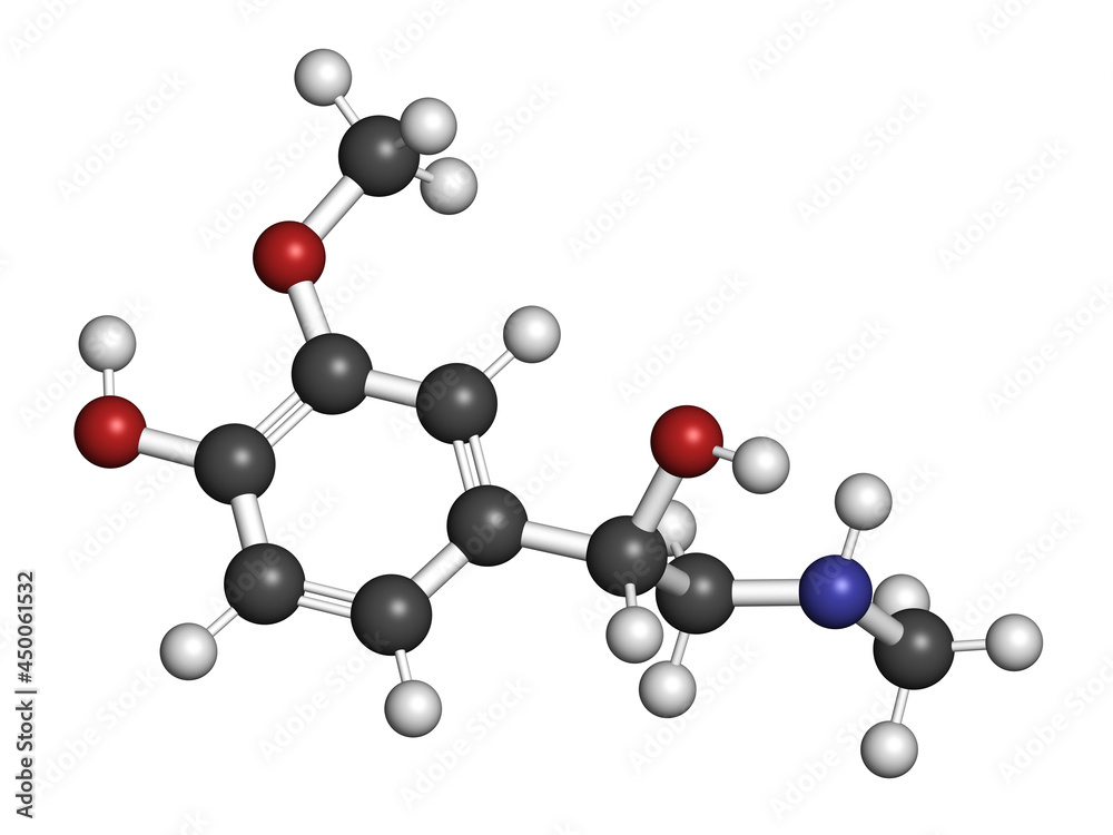 Metanephrine (metadrenaline) molecule. Metabolite of epinephrine that ...