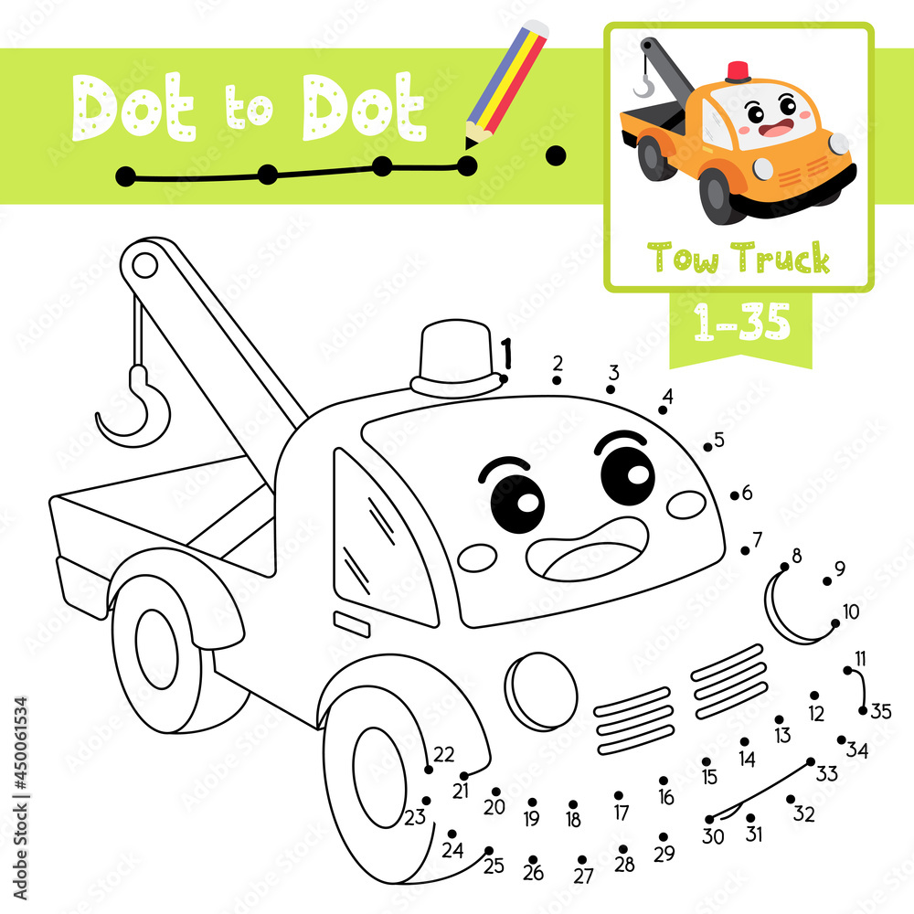 Dot to dot educational game and Coloring book Tow Truck cartoon ...