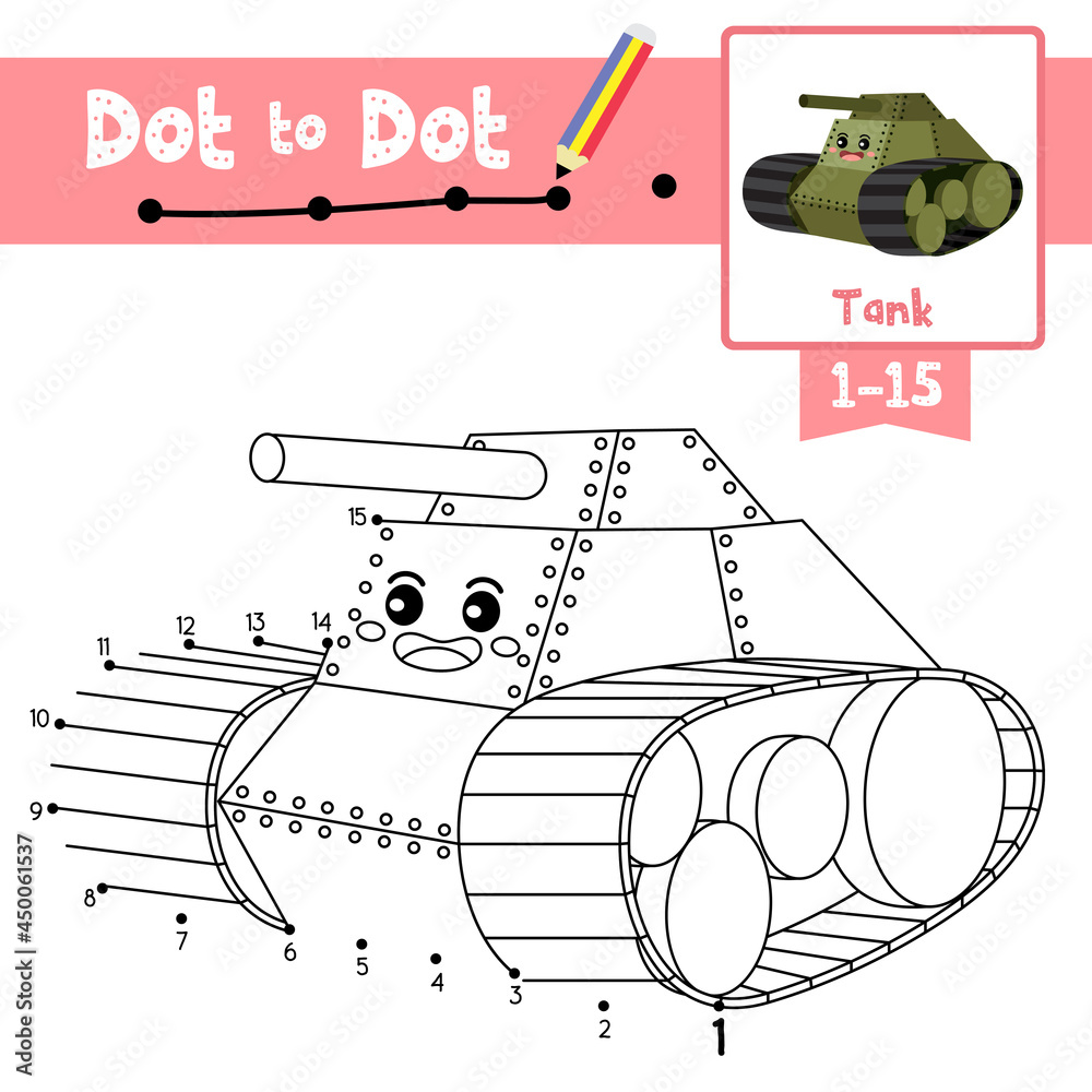 Dot to dot educational game and Coloring book Tank cartoon character ...