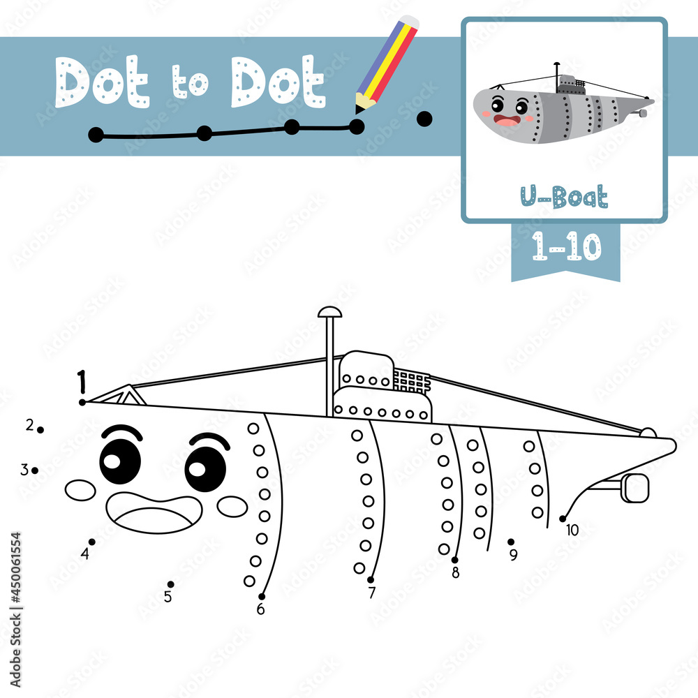 Dot to dot educational game and Coloring book U-Boat cartoon character ...