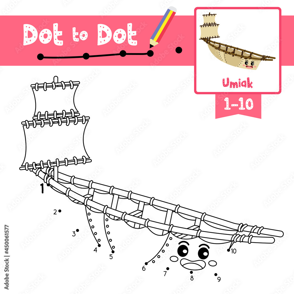 Dot to dot educational game and Coloring book Umiak cartoon character ...