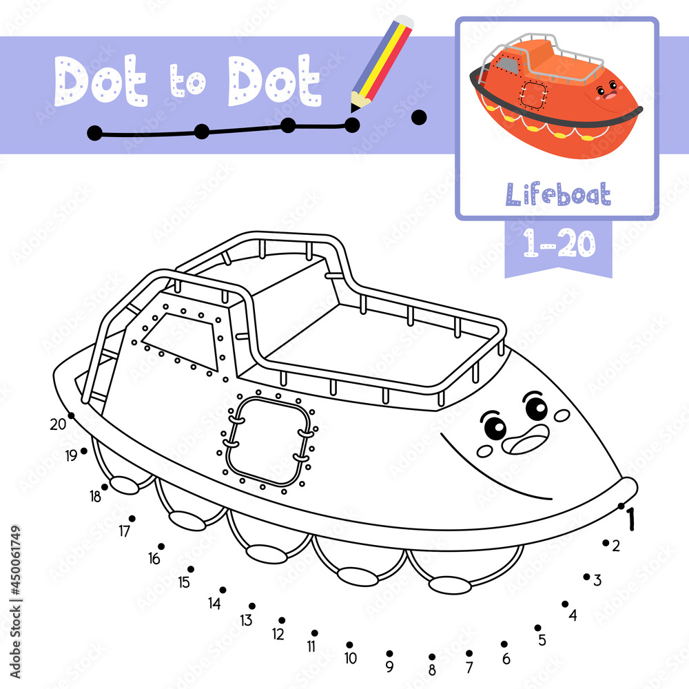 Dot to dot educational game and Coloring book Lifeboat cartoon ...