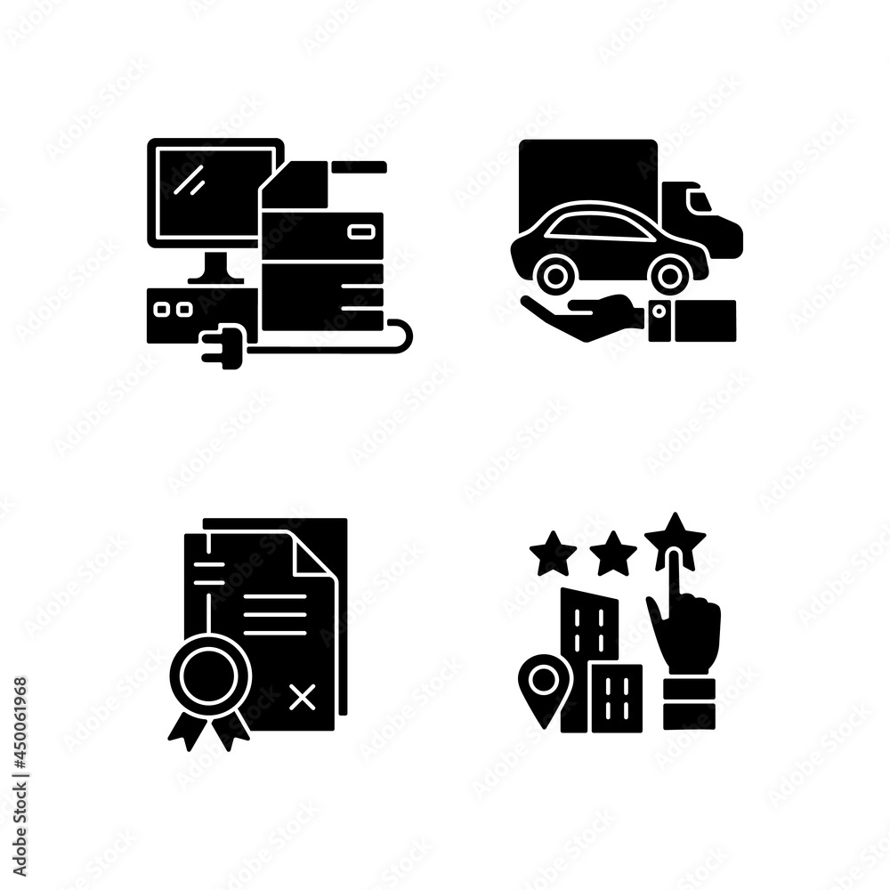 Company image black glyph icons set on white space. Granting of a ...
