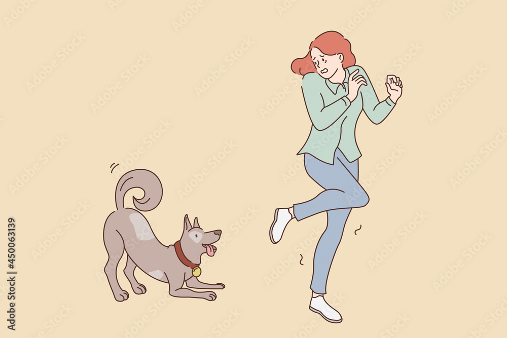 Fear of dogs animals concept. Young stressed girl feeling afraid ...