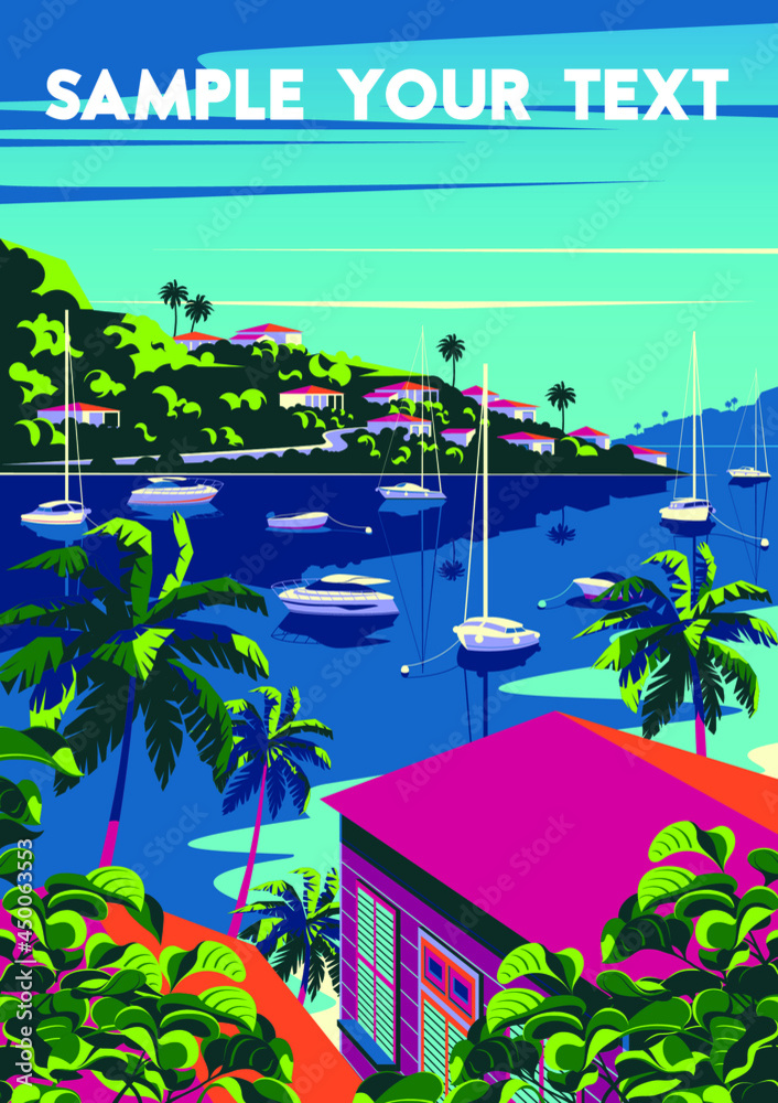 Tropical Island landscape with traditional boats, palm trees, houses ...