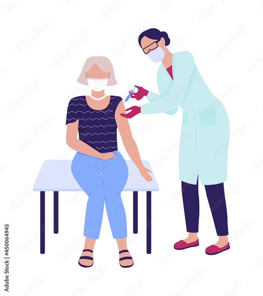 Old woman getting covid vaccine semi flat color vector characters. Full ...