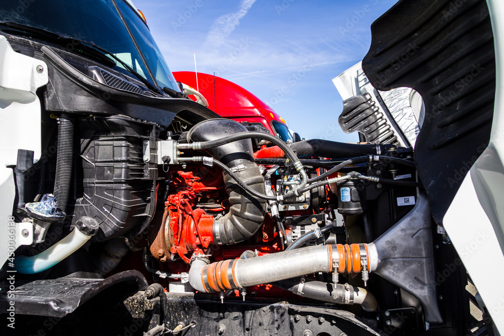 Engine Compartment of a Semi Tractor Trailer Truck. Stock Photo | Adobe ...