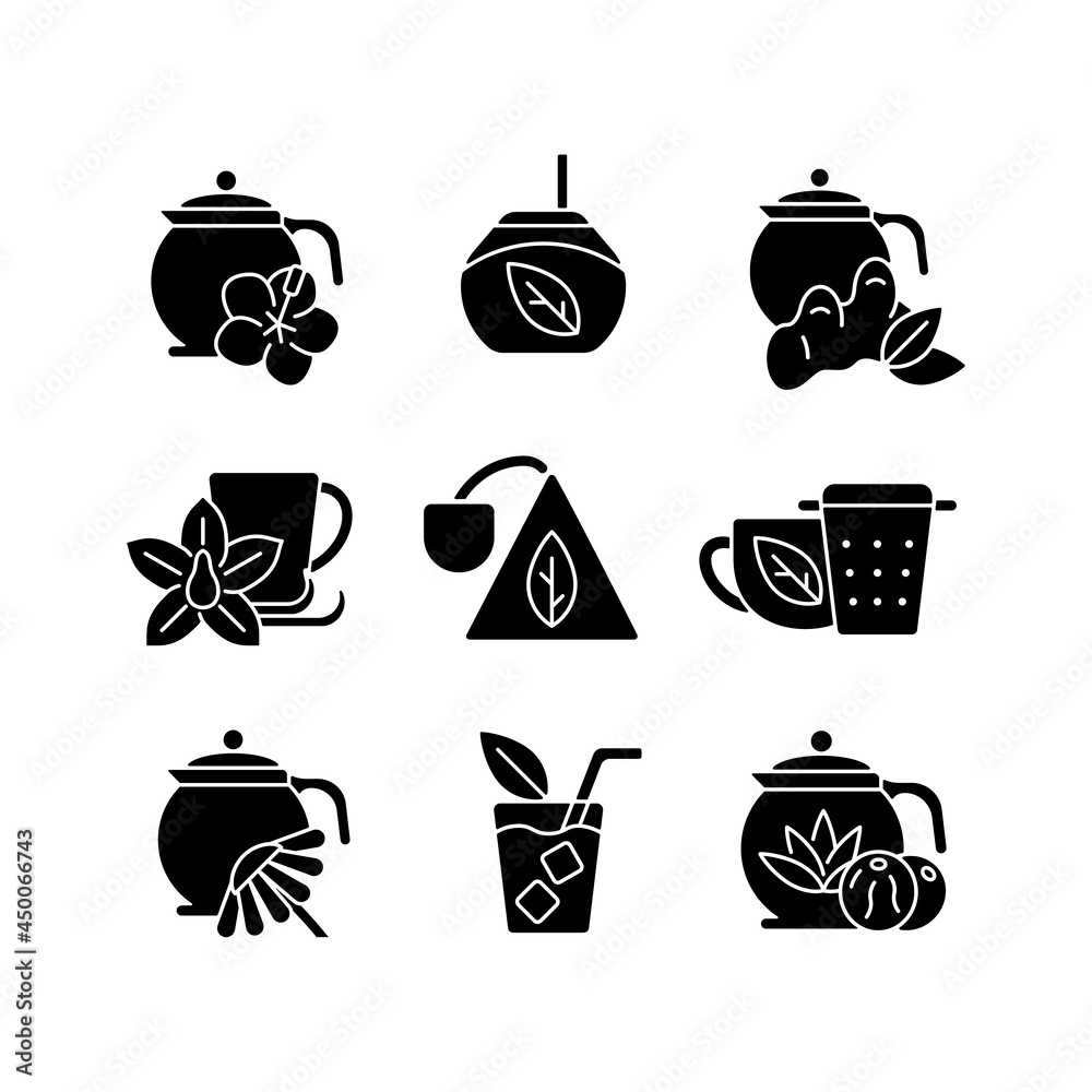 Tea and tea-like beverages black glyph icons set on white space. Hot ...