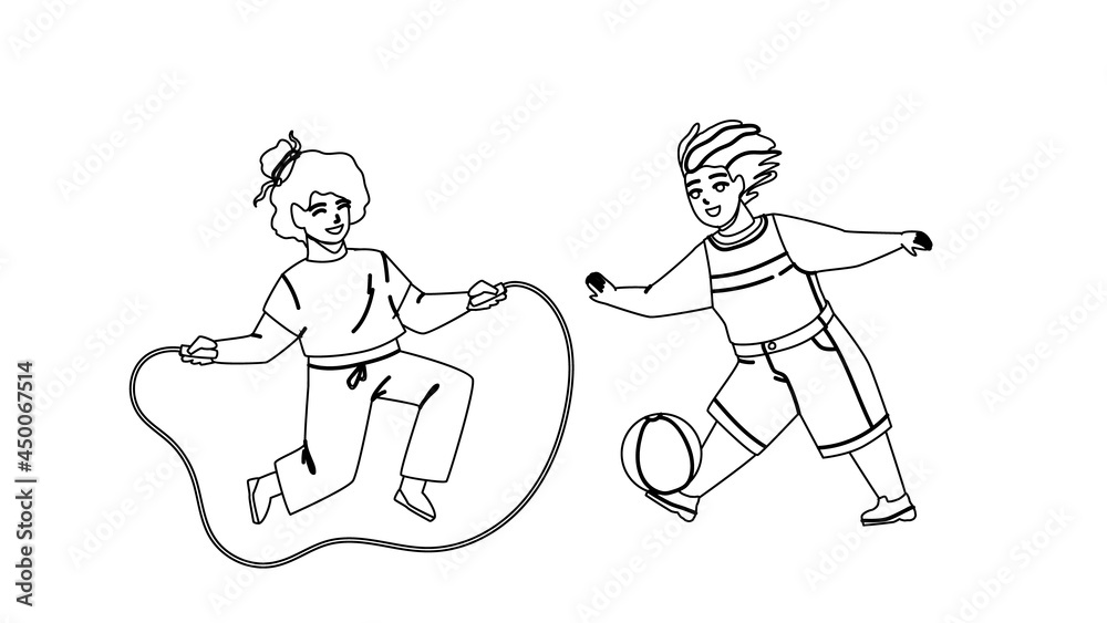 Kids Summer Active Games On Playground Black Line Pencil Drawing Vector ...