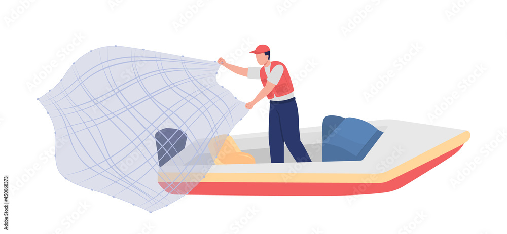 Fisherman with throw net semi flat color vector character. Full body ...