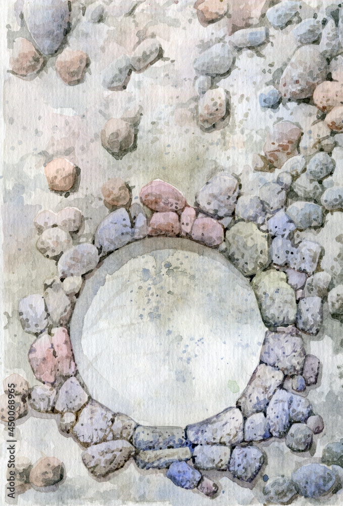 An ancient wall of gray-blue stones with a round recess. An old wall of ...