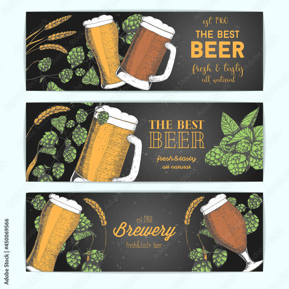 Banner set with beer glasses, barley and hops. Vector illustration in ...