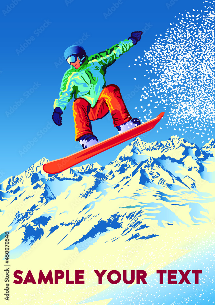 The jump of the snowboarder from the side of a mountain. Handmade ...