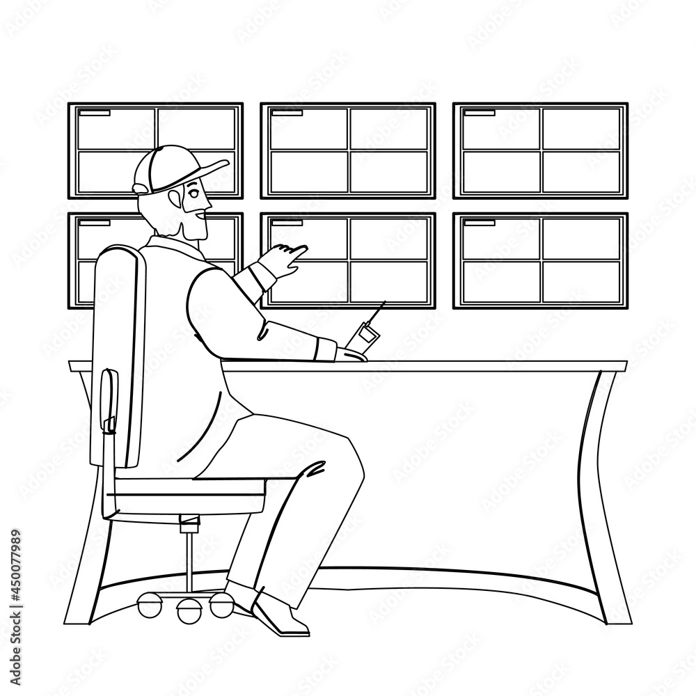 Man Security Worker Monitoring Cctv System Black Line Pencil Drawing ...