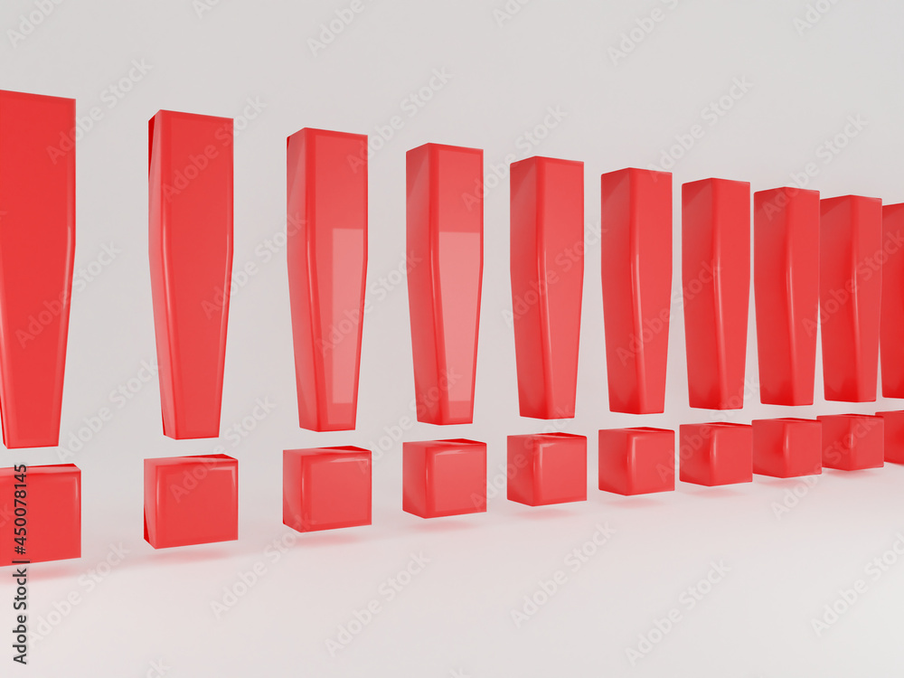 3D render of multiple red exclamation marks isolated on white ...