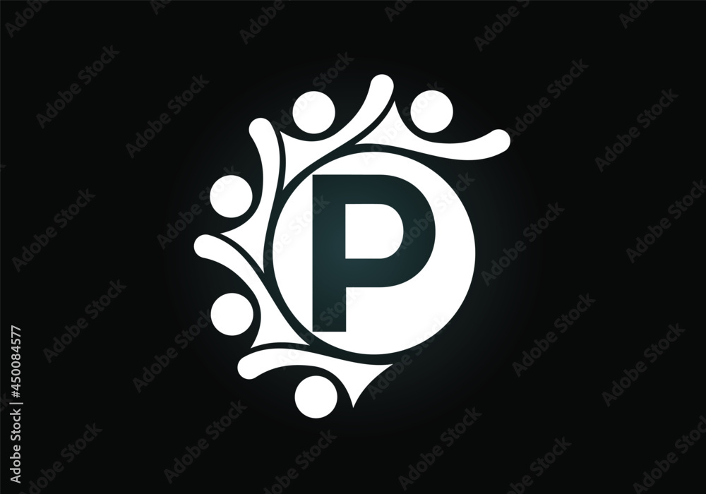 Initial P monogram alphabet with connecting people. Team, cooperation ...