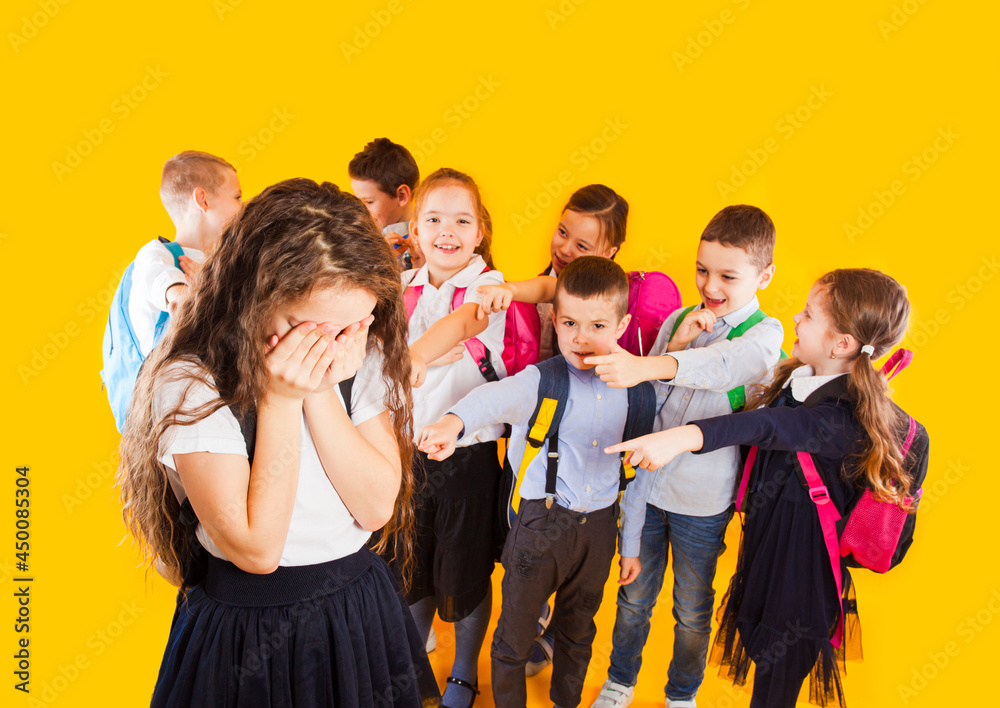Poster School girl being bullied by classmates. School bullying concept ...