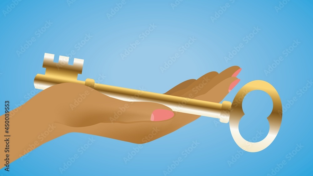 Hand with the golden key, key to success. Vector illustration ...
