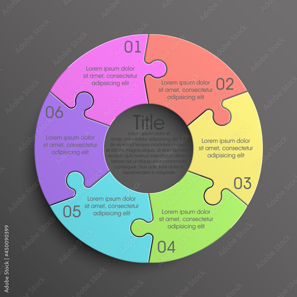 Vetor de Puzzle six piece business presentation pictogram. Circle ...