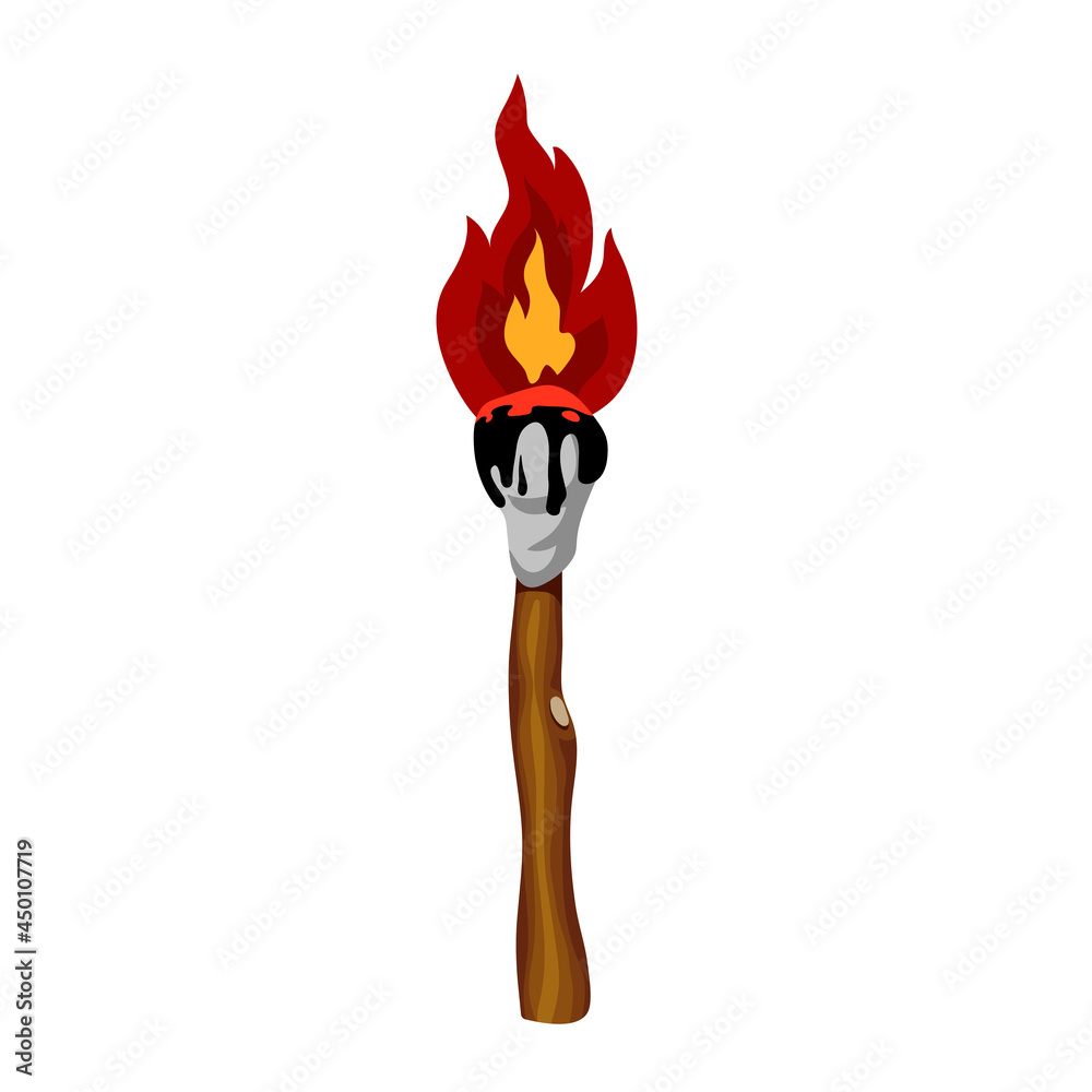 a burning torch made of a branch and a wound oiled rag, tongues of red ...