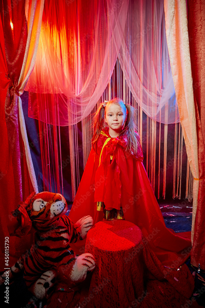 Small girl during a stylized theatrical circus photo shoot in a ...