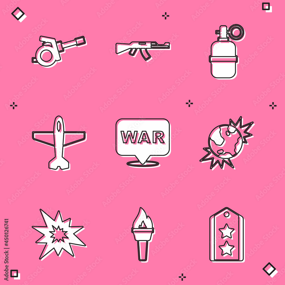 Set Howitzer, Submachine gun, Hand grenade, Plane, The word war, Bomb explosive planet earth ...