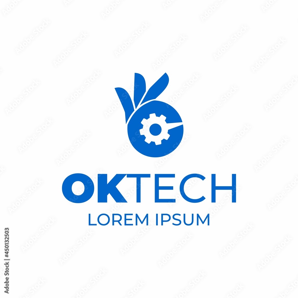 Ok tech vector logo template. Hand gear logotype. Hand okay and ...