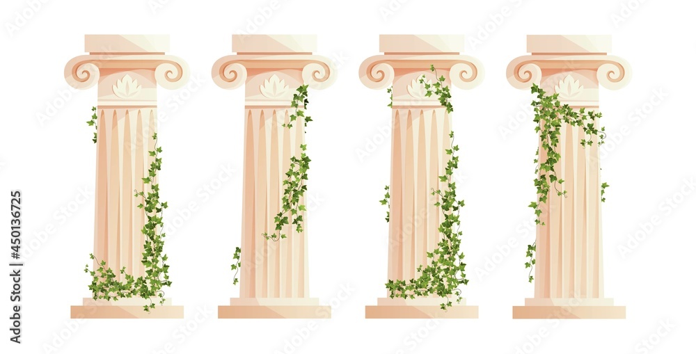 Ancient Greek column with ivy climbing branches. Roman pillar. Building ...