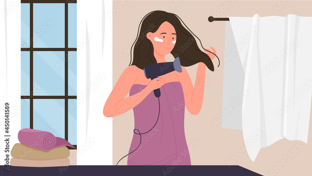 Girl with hairdryer in home bathroom, beauty haircare procedure, daily ...