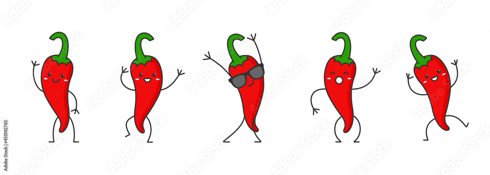 Red spicy pepper chilli character cartoon face smiling happy emotions ...