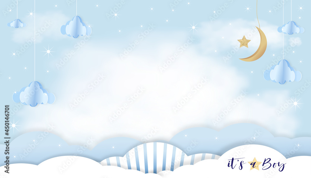 Vector for baby boy shower card on blue background,Cute Paper art ...