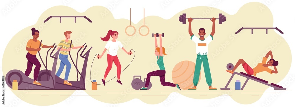 Male and female athletes are doing exercises and training in gym ...