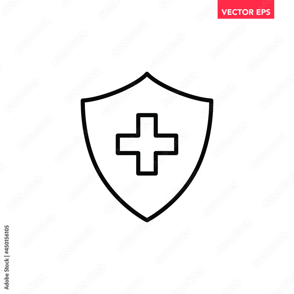Black single medical shield line icon, simple immune system badge flat ...