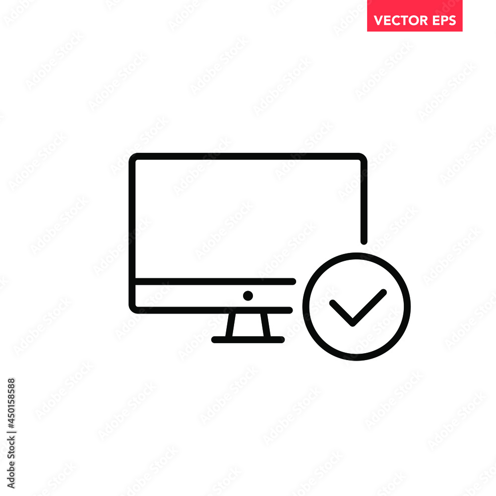 Black single monitor with check mark line icon, simple successful ...