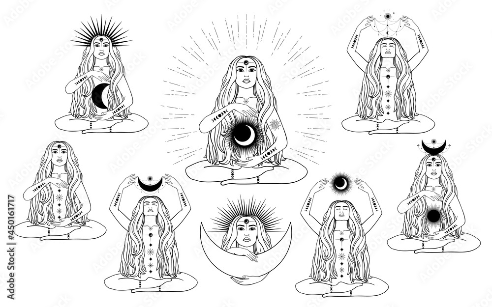 Hand drawn set of silhouette mystical women with Sun, moon, star in ...