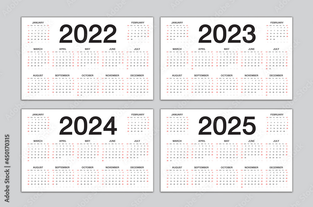 Calendar 2022, 2023, 2024, 2025 year template, Simple, desk calendar ...