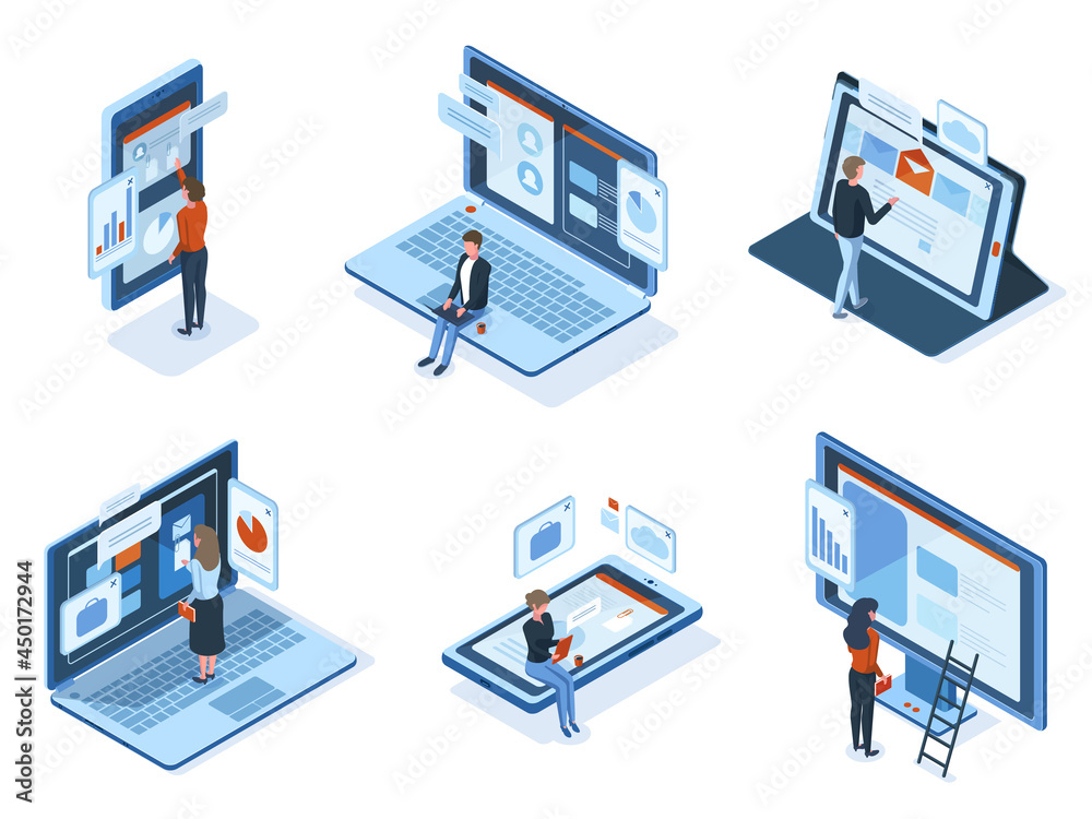 Isometric characters use technology gadgets interfaces. People work or study use laptop tablet ...