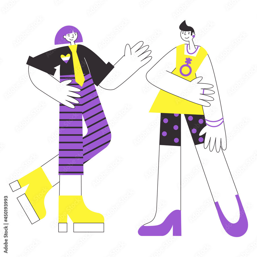 Two people with minority symbols in colours of nonbinary flag talking ...