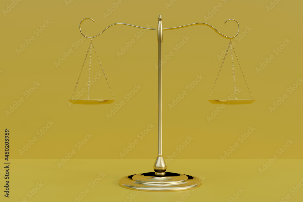 Golden Justice Scale isolated in yellow background with copy space. 3d ...