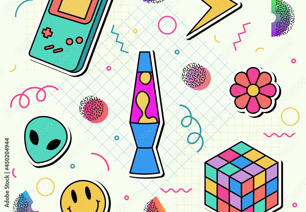 90S throwback Sticker Art Kit Stock Template | Adobe Stock