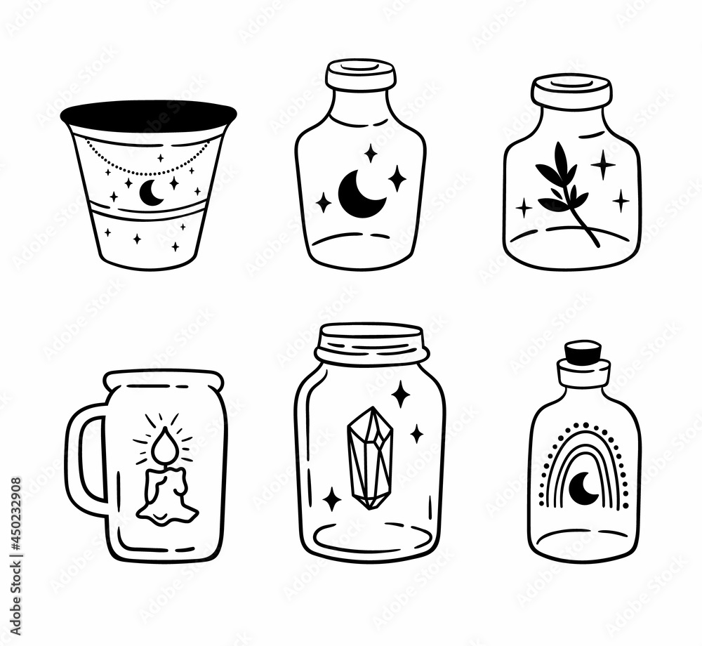 Mason jar clipart bundle, Celestial magic jar black and white glass ...
