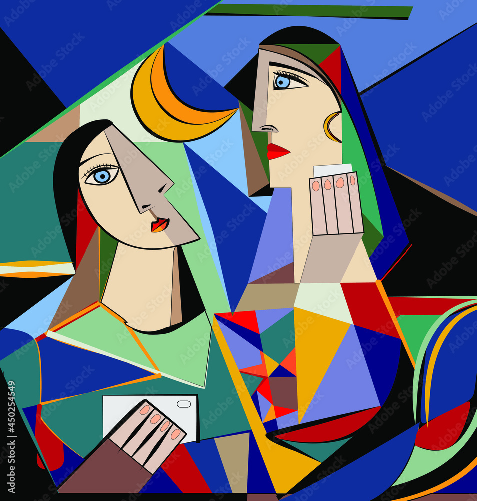 Colorful background, cubism art style,2 people with mobile phone Stock ...