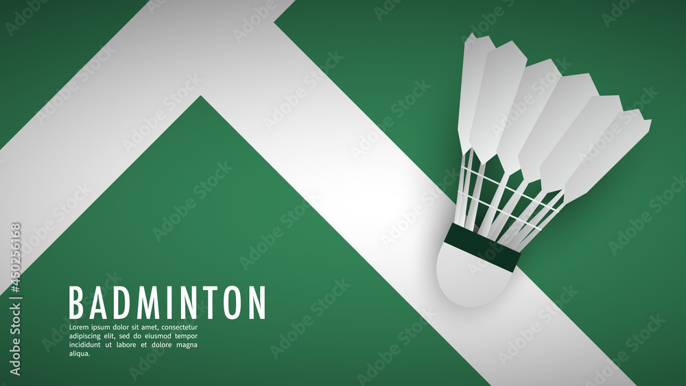 Shuttlecock on white line on green background badminton court indoor ...