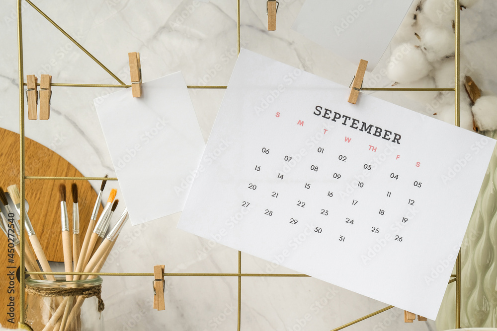 SEPTEMBER CALENDAR cards and posters mock ups on grid board. Copy space ...