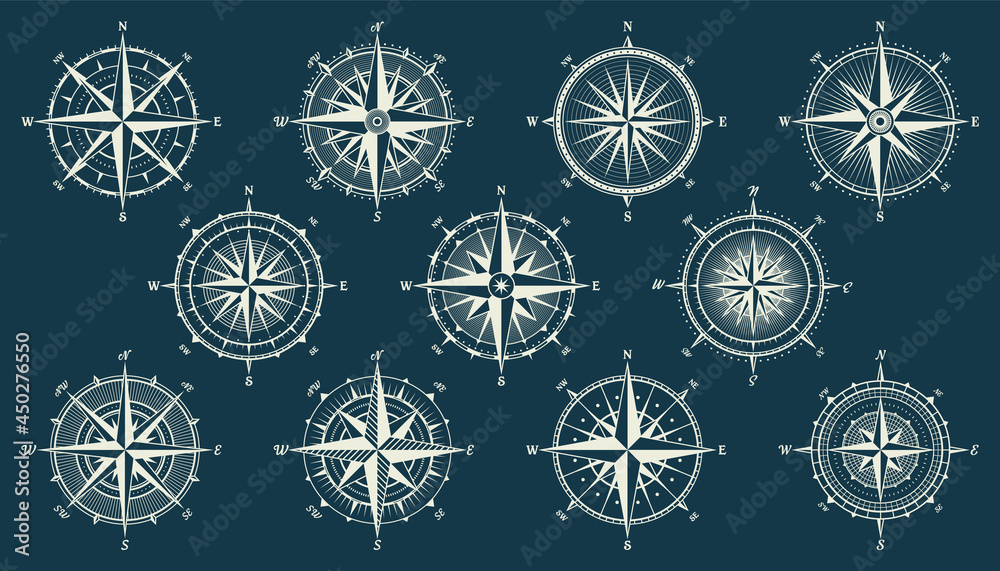 Vintage marine wind rose, nautical chart. Monochrome navigational ...