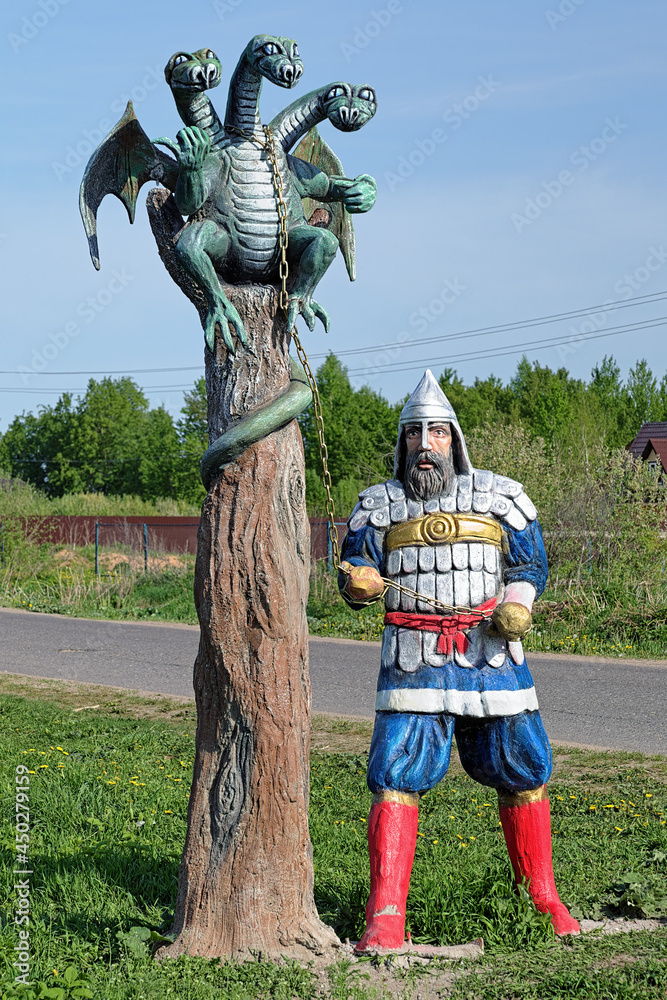 Privolzhskiy settlement, Russia. Sculpture of a Russian Bogatyr with ...